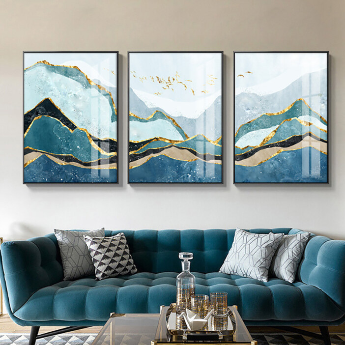 Tableau triptyque montagnes bleues et dorées • Tabloide