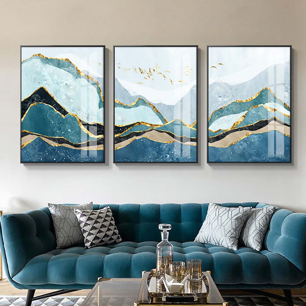 Tableau triptyque montagnes bleues et dorées • Tabloide