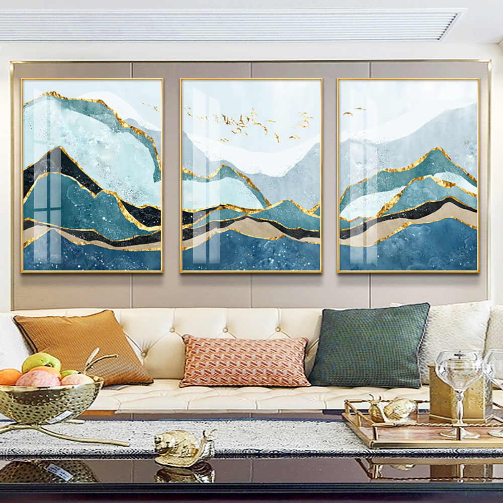 Tableau triptyque montagnes bleues et dorées • Tabloide