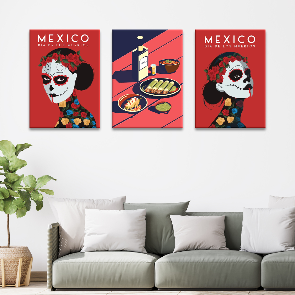Tableau Mexique culture emblématique sur fond rouge • Tabloide
